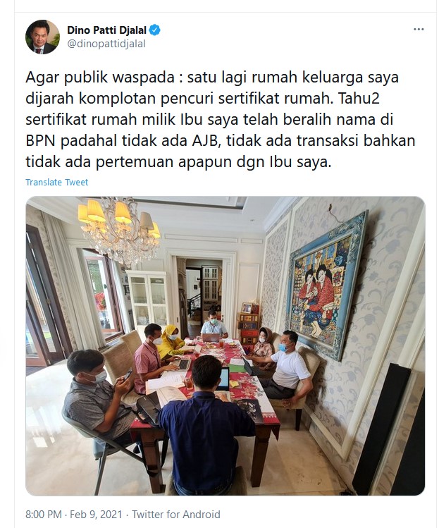 Sertifikat Rumah Ibu Berganti Nama, Ini Penjelasan Dino Patti Djalal